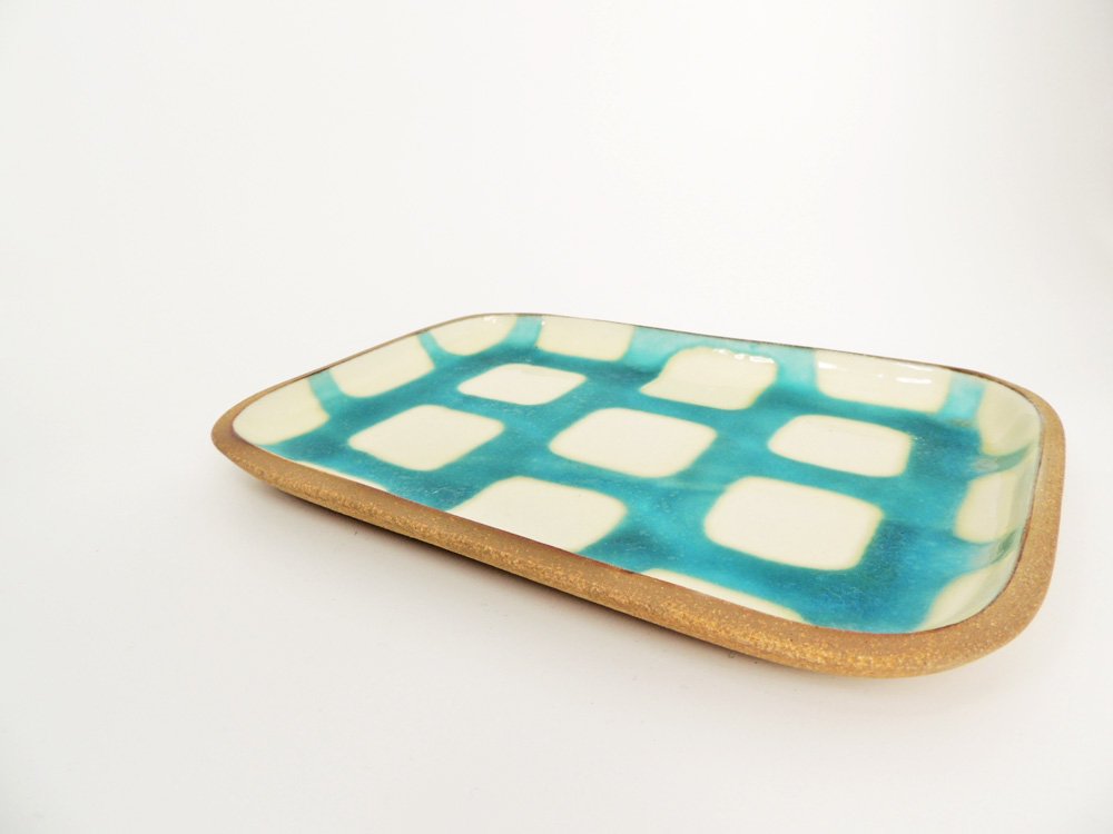 高畑伸也 一翠窯 ISSUI POTTERY やちむん 角皿 スクエアプレート 大 ブルー チェック柄 器 現代作家 B | 中古家具を探す ...